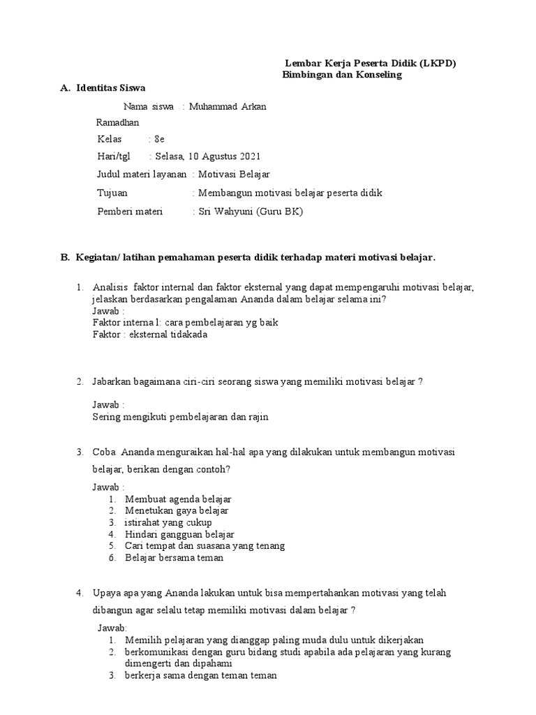Muh Arkan Ramadhan LKPD 2 (Lembar Kerja Motivasi Belajar) | PDF