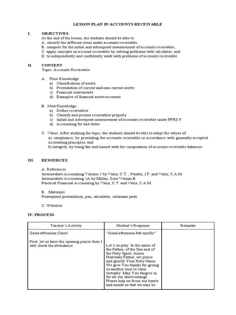 Lesson Plan in Accounts Receivable I. Objectives | PDF | Debits And ...