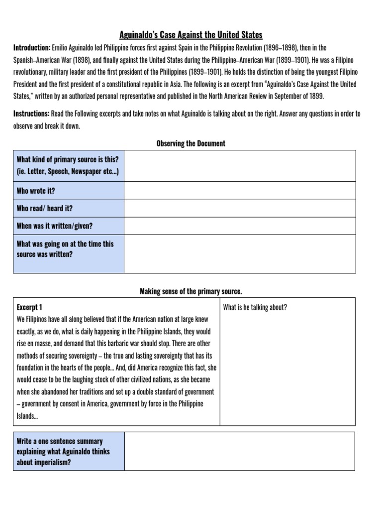 Primary Source Analysis - Aguinaldo's Case Against The United States ...