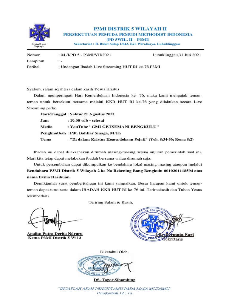 Undangan Ibadah KKR Hut Ri Ke 76 | PDF