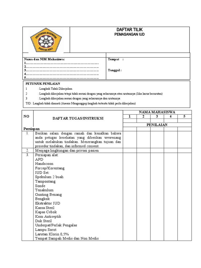 Daftar Tilik Pemasangan KB IUD | PDF