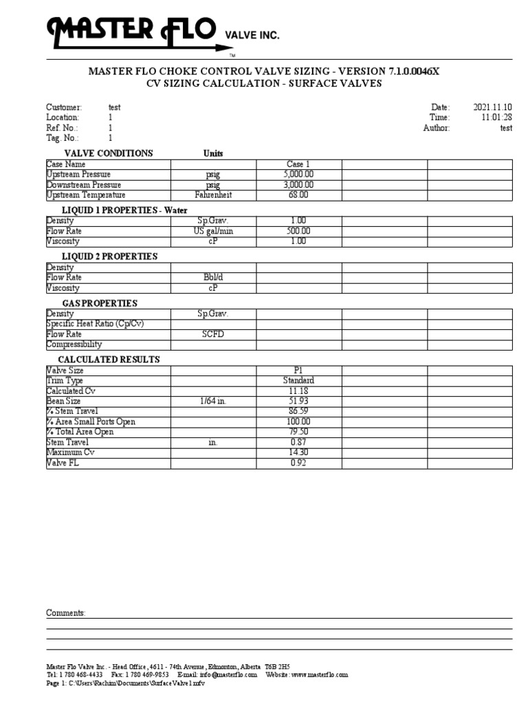 Master Flo Choke Control Valve Sizing - Version 7.1.0.0046X CV Sizing ...