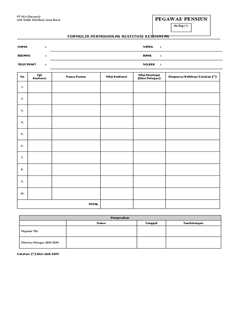Formulir Restitusi Kesehatan PLN | PDF