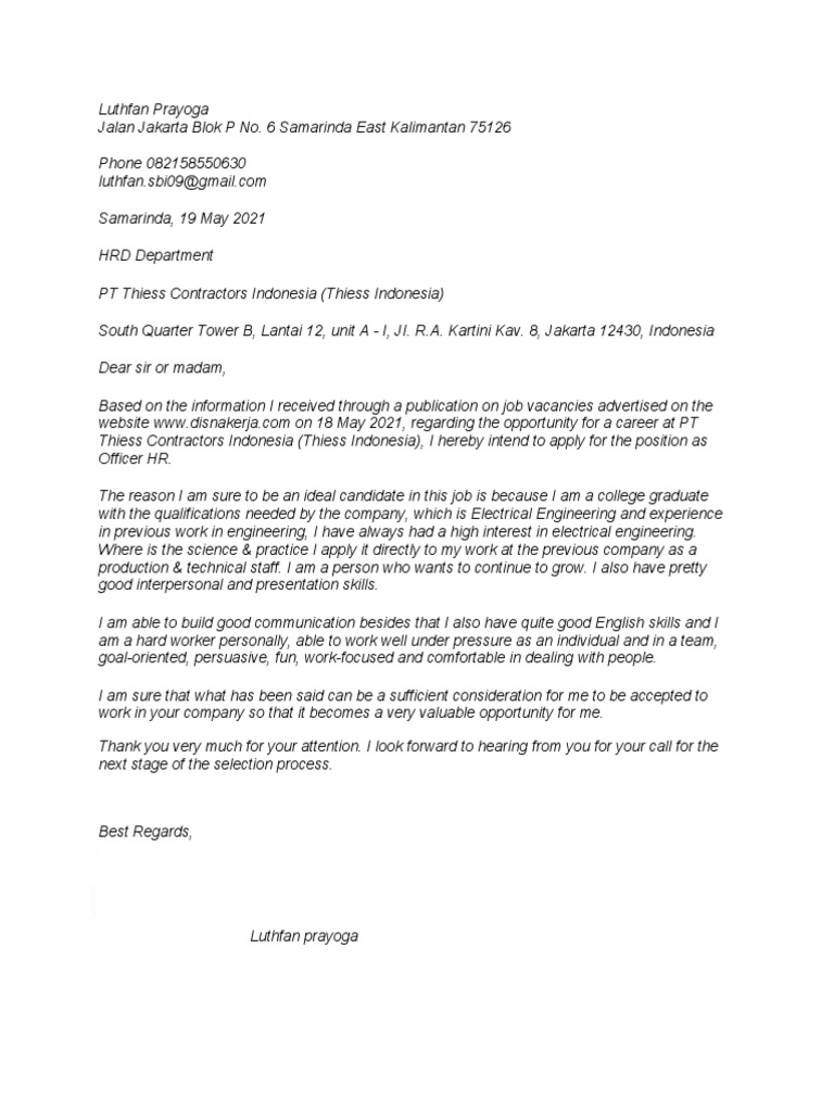 Luthfan Prayoga - Job Application Letter - PT Thiess Contractors ...