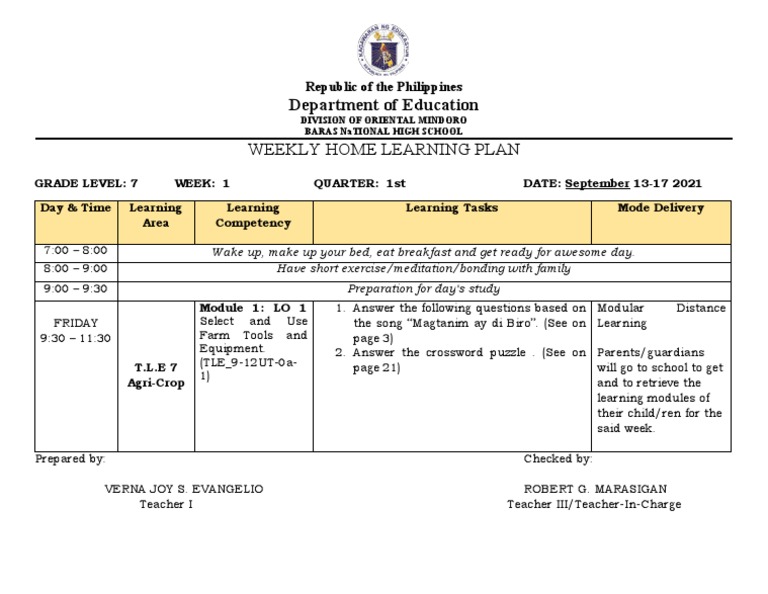 Sample WEEKLY HOME LEARNING PLAN | PDF