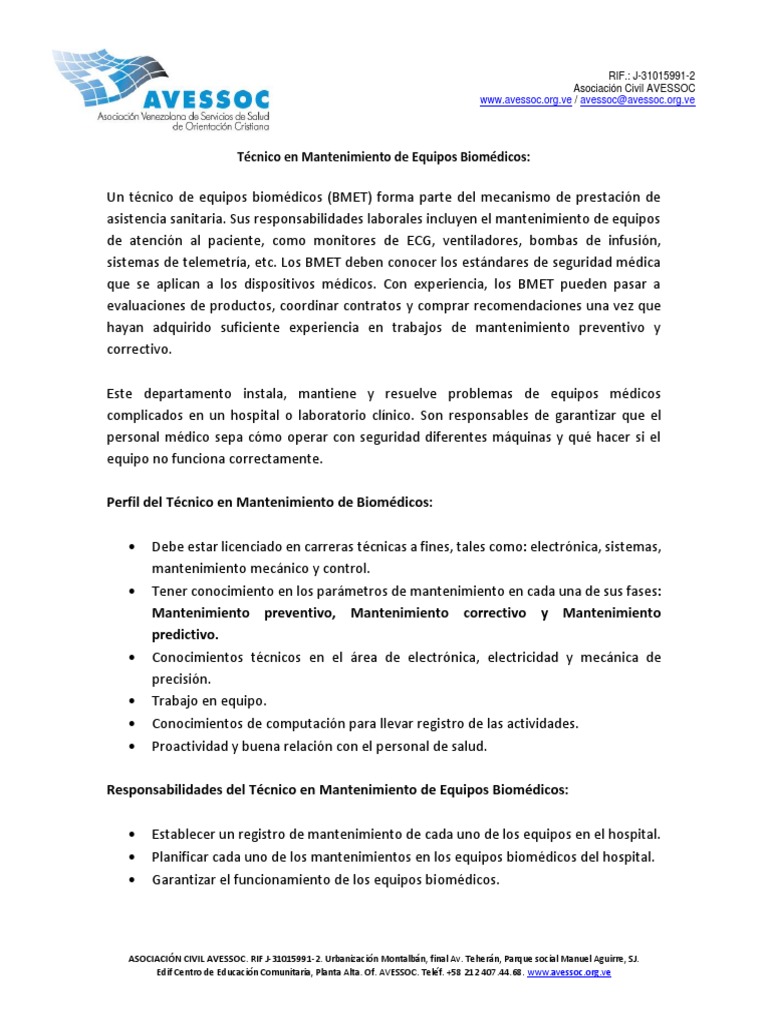 Técnico en Mantenimiento de Equipos Biomédicos | PDF | Hospital | Medicina