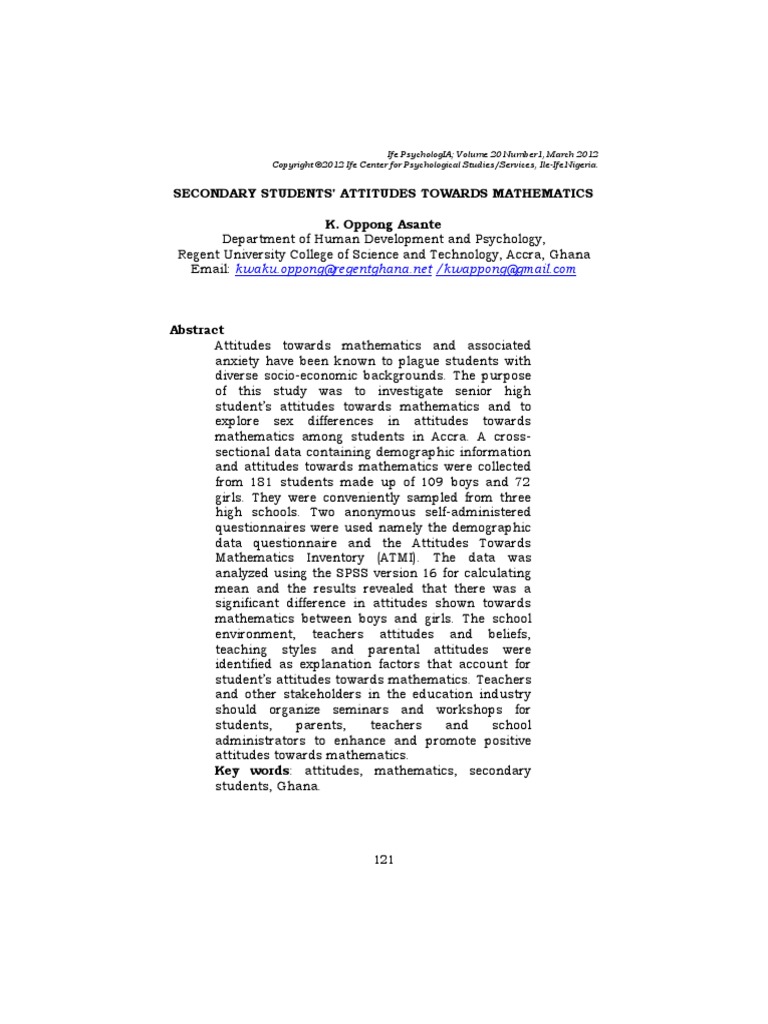 Secondary Students Attitudes Towards Mathematics | PDF | Teachers | Schools