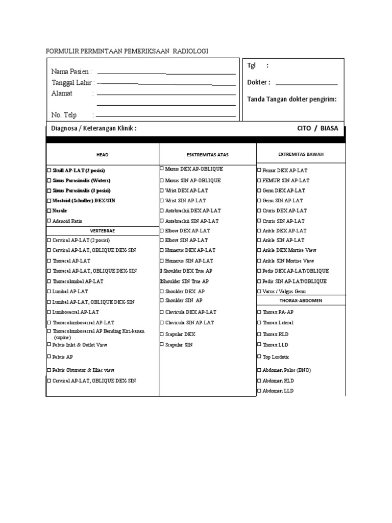 Formulir Permintaan Pemeriksaan Radiologi: Rontgen | PDF | Joints ...