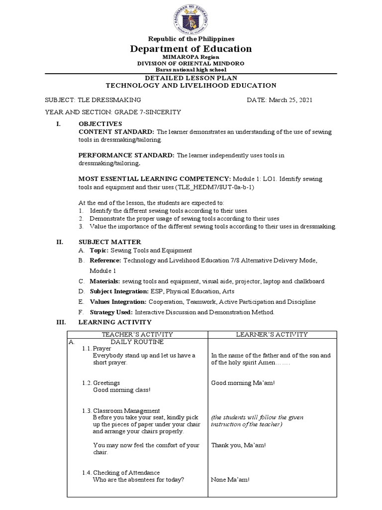 Detailed Lesson Plan | PDF | Sewing | Textiles