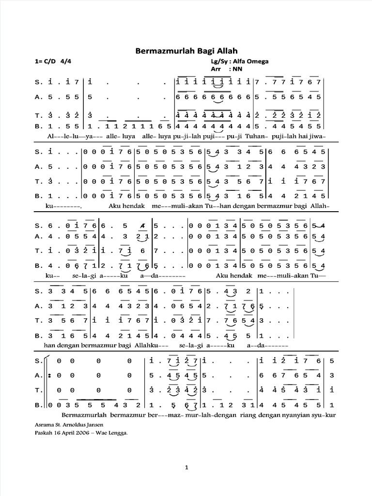 Lirik dan Partitur Bermazmurlah bagi Allah | PDF