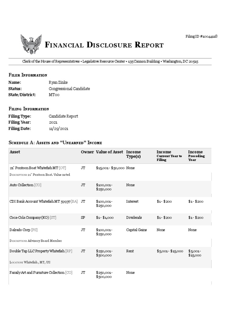 Financial Disclosure Report - Ryan Zinke | PDF | Trust Law | Loans
