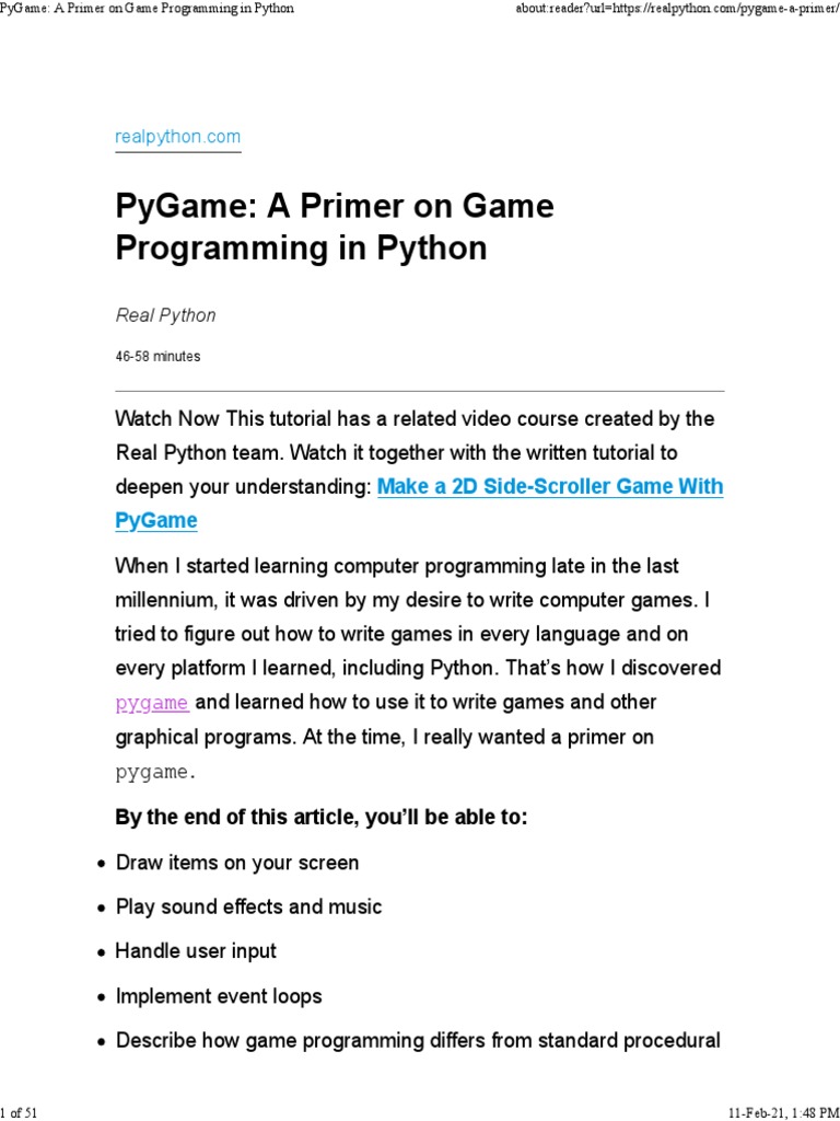 Pygame A Primer On Game Programming In Python Pdf Control Flow Software 