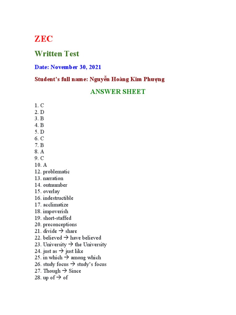 Written Test: Answer Sheet | PDF
