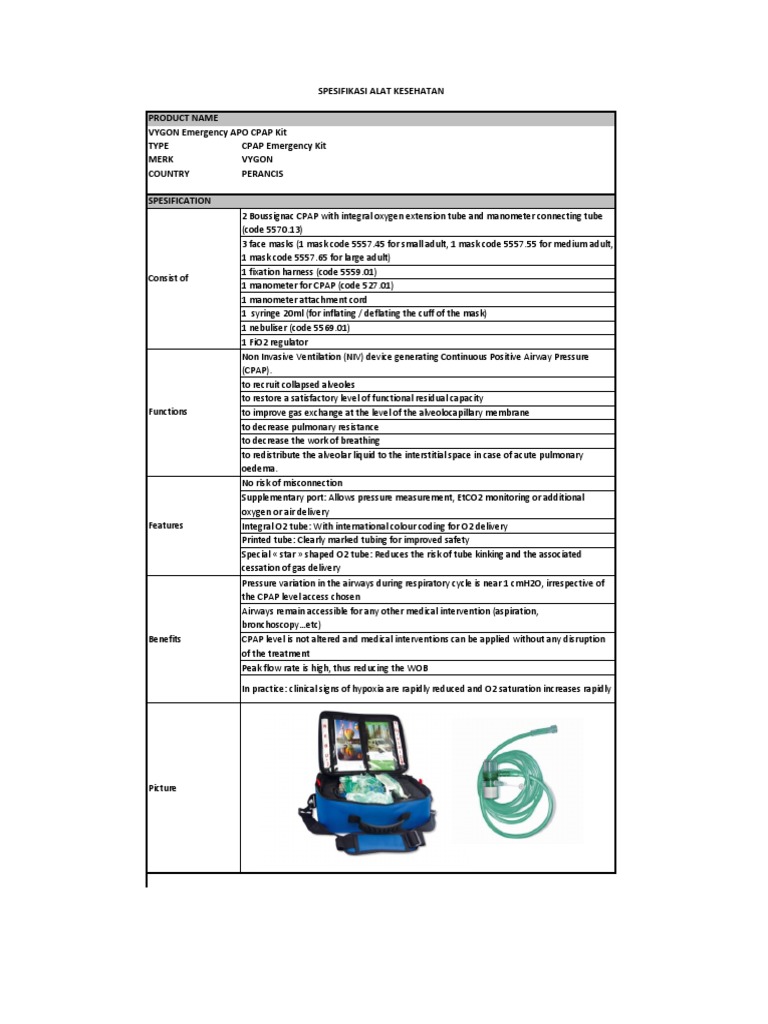Vygon CPAP Emergency Kit Specs | PDF | Medical Treatments | Respiration