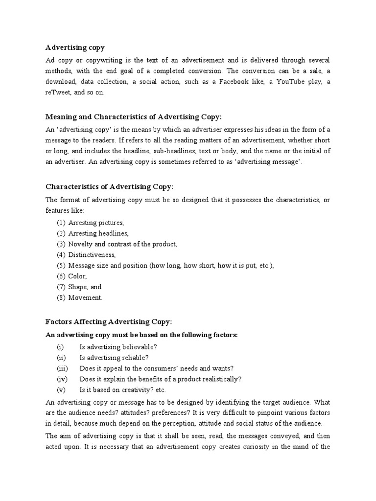 Advertising Copy: An Advertising Copy Must Be Based On The Following ...