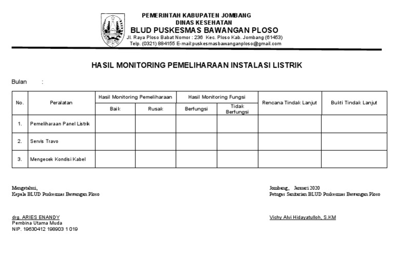 Monitoring Pemeliharaan Listrik Puskesmas Ploso | PDF