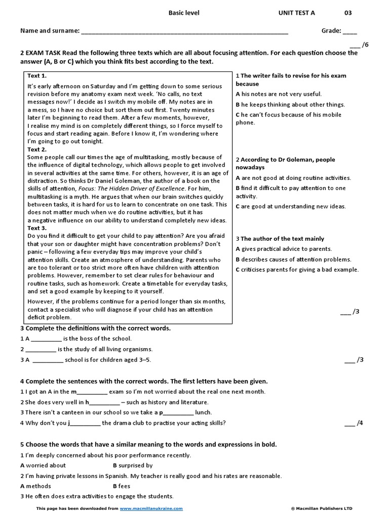 Unit Test 3A Basic Level | PDF | Attention | Communication