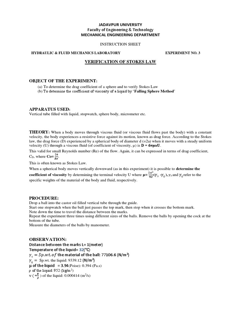 Verification of Stokes Law Experiment | PDF | Drag (Physics) | Viscosity