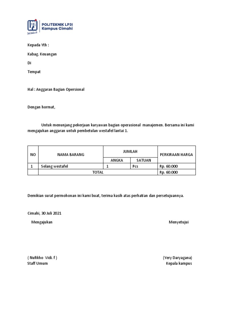 Format Pengajuan Anggaran Rumah Tangga Manajemen | PDF