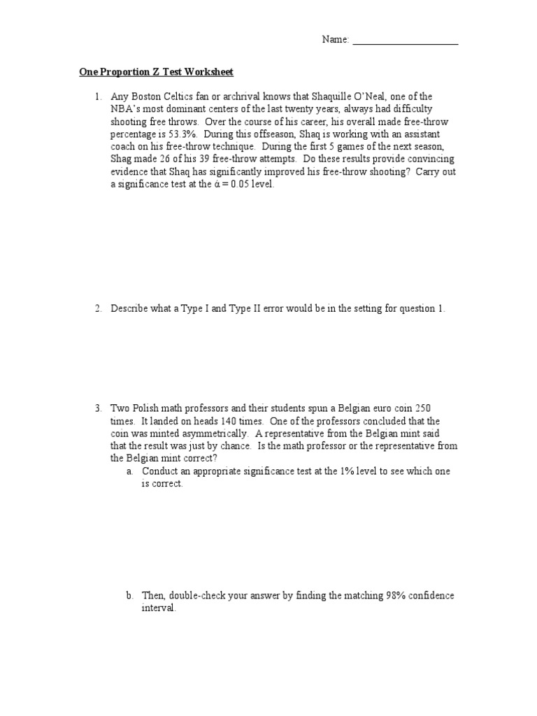 One Proportion Z Test Worksheet | PDF | Statistical Hypothesis Testing