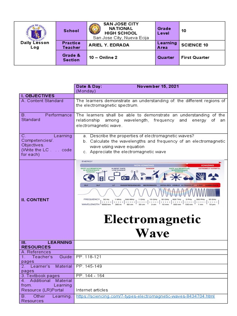 Electromagnetic Spectrum Lesson for Grade 10 Science Students | PDF ...