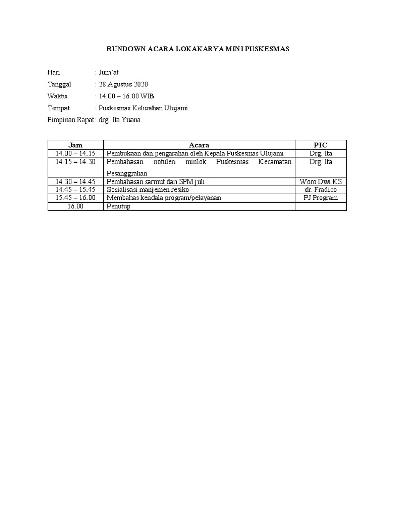Rundown Mini Lokakarya Bulanan | PDF