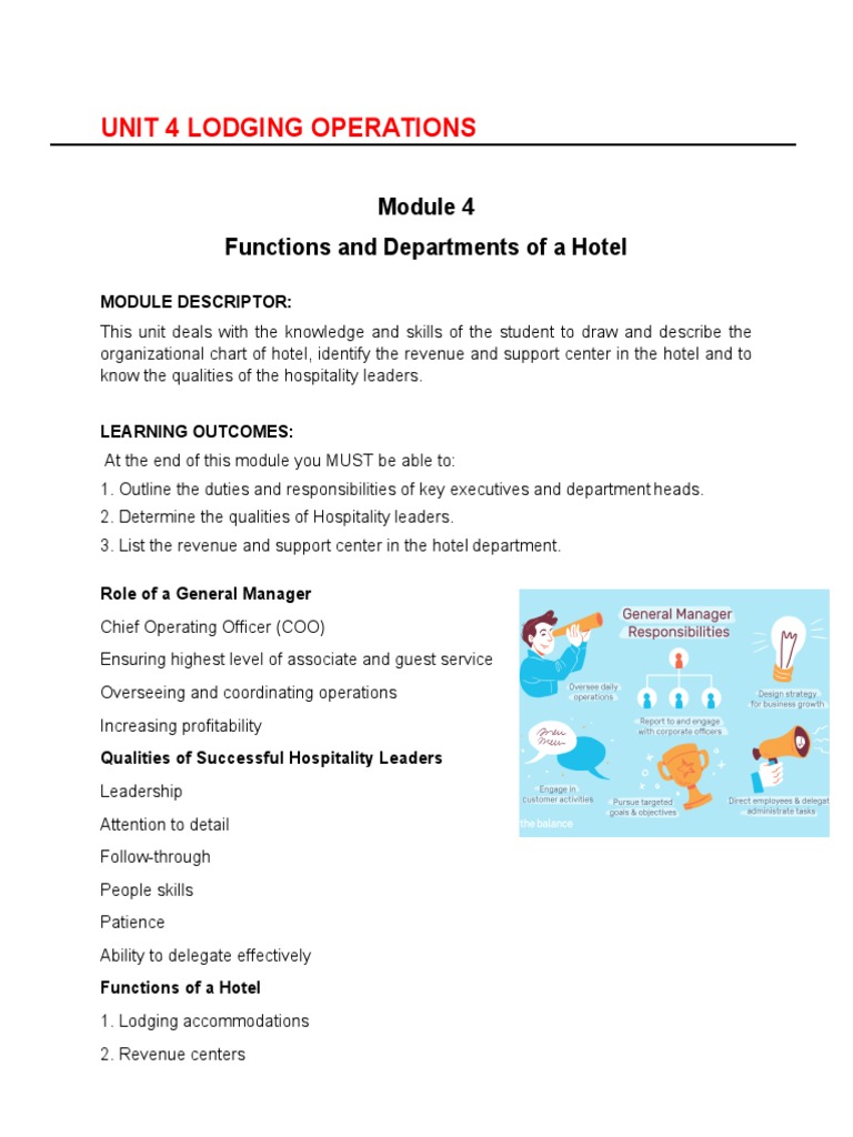 Unit 4 Lodging Operations: Functions and Departments of A Hotel ...