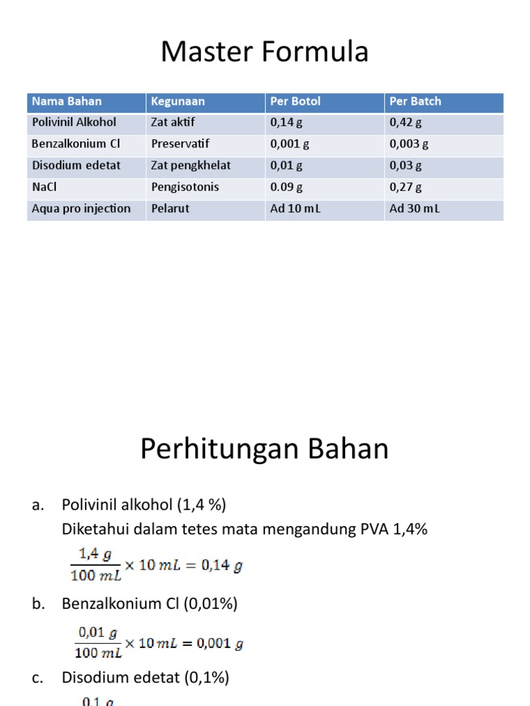 Master Formula + Perhitungan PVA | PDF