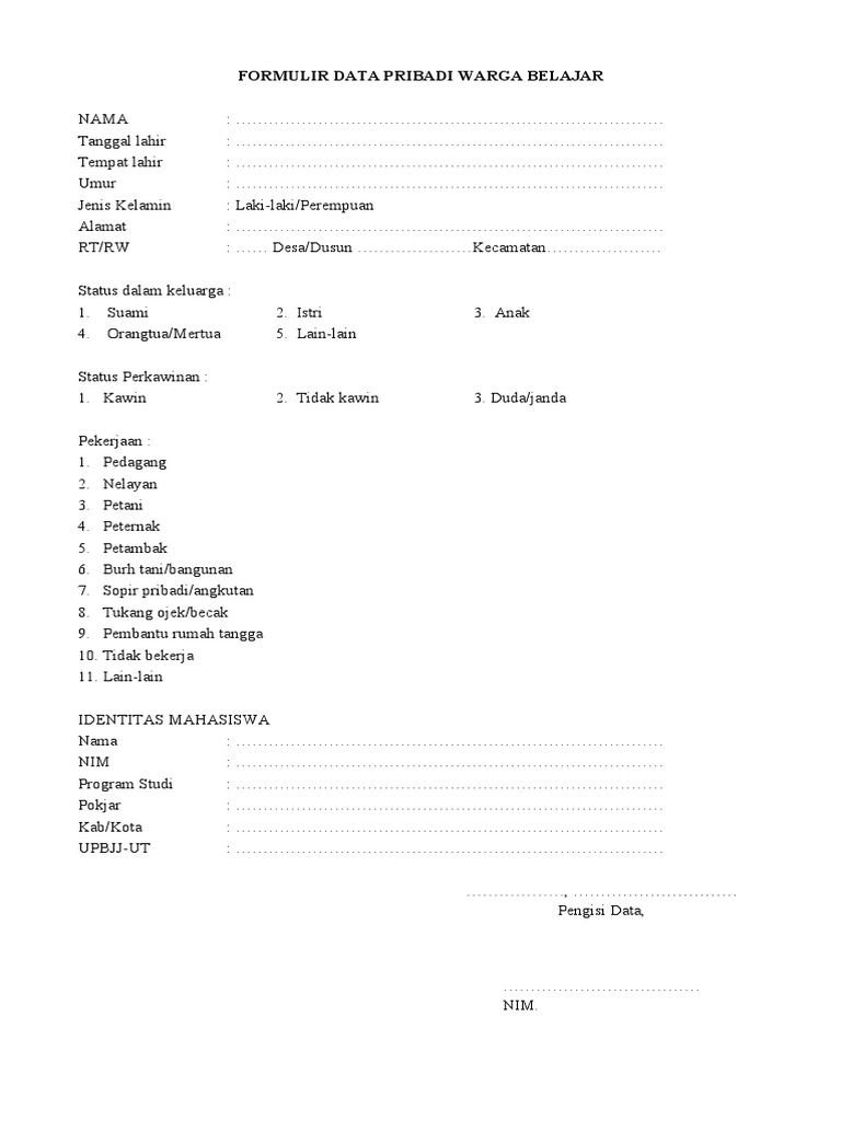 Formulir Data Pribadi Warga Belajar Anis Autosaved | PDF