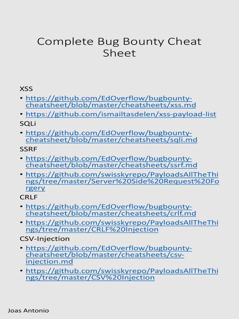 Complete Bug Bounty Cheat Sheet: XSS - Sqli - SSRF | PDF