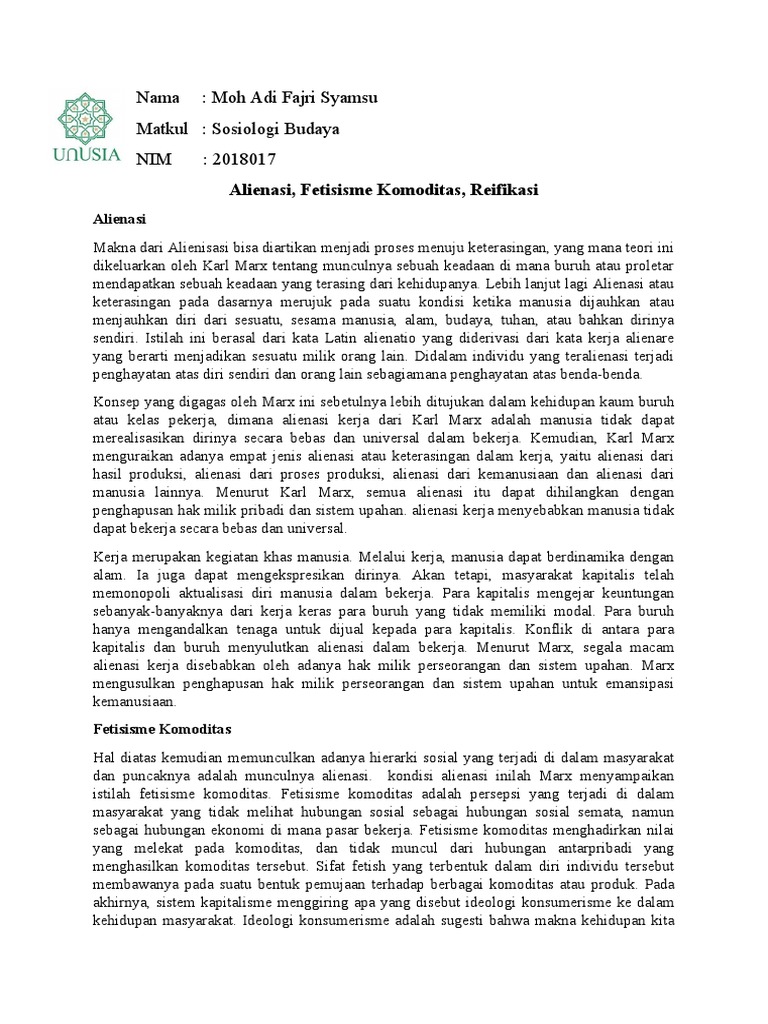 Alienasi, Fetisisme Komoditas Dan Reifikasi | PDF | Filsafat