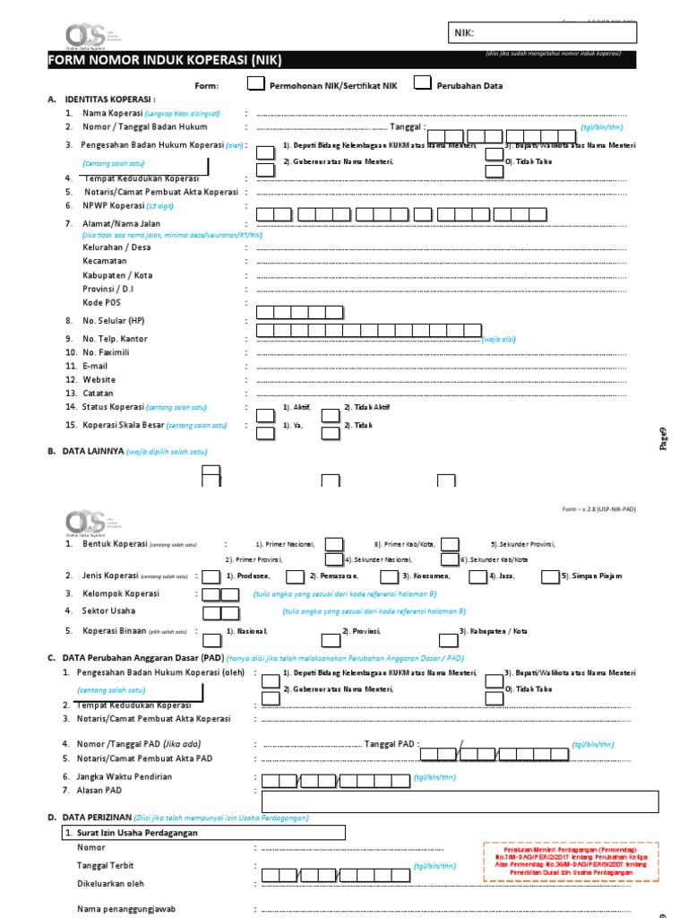 Form Profil Koperasi - Sertifikat NIK | PDF