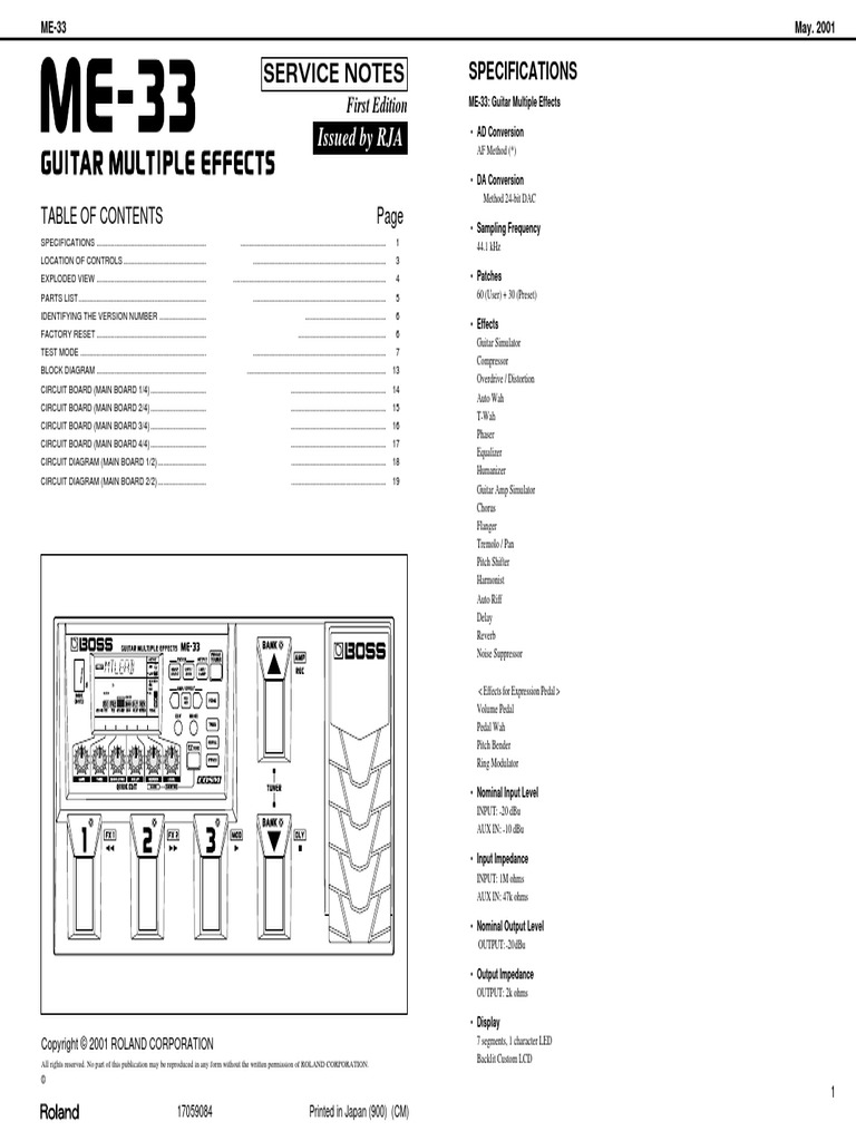 Boss ME 33 Multi Effects Service Manual | PDF