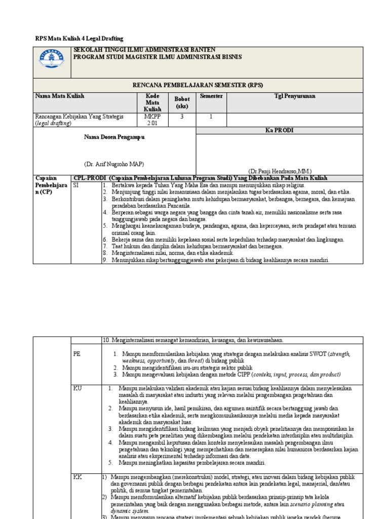 RPS Mata Kuliah 4 Legal Drafting | PDF