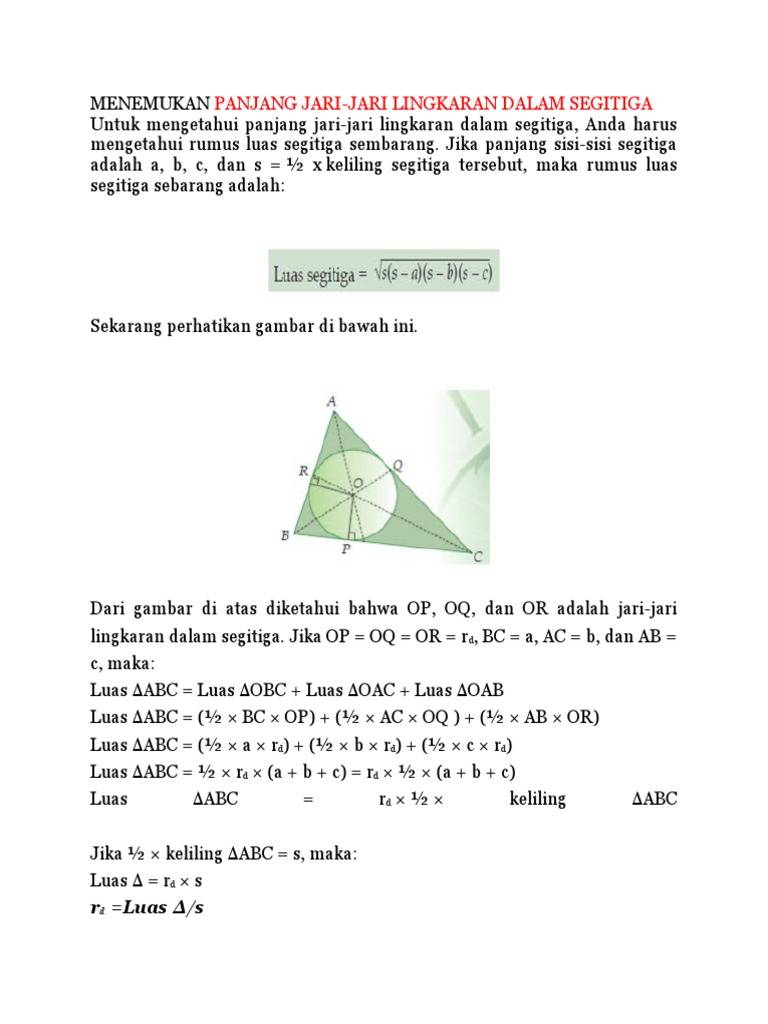Menemukan Panjang Jari-Jari Lingkaran Dalam Dan Luar Segitiga | PDF