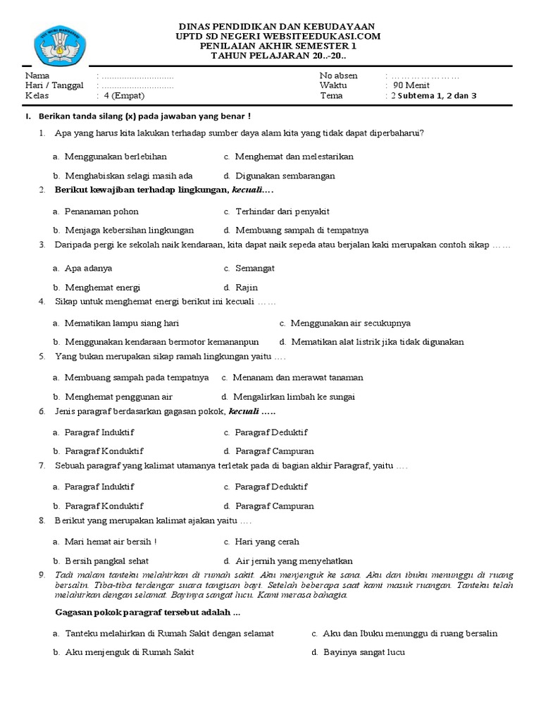 Soal Pas KLS 4 Tema 2 | PDF