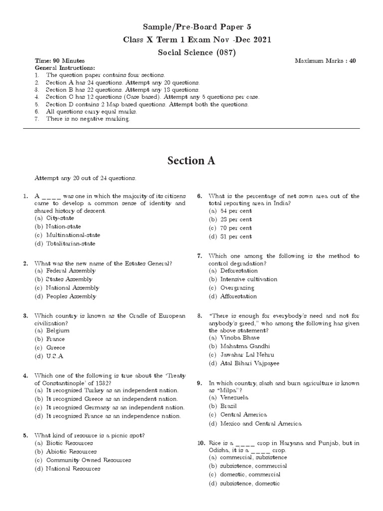 Section A: Sample/Pre-Board Paper 5 Class X Term 1 Exam Nov - Dec 2021 ...