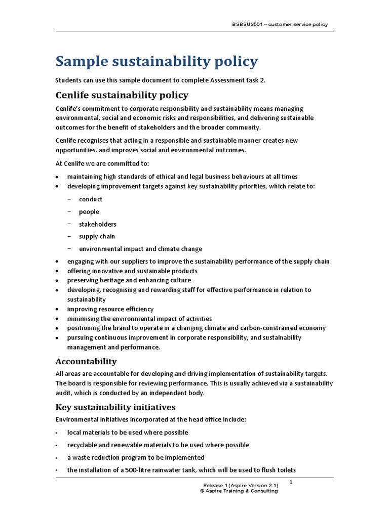 BSBSUS501 Sample Sustainability Policy | PDF | Sustainability ...