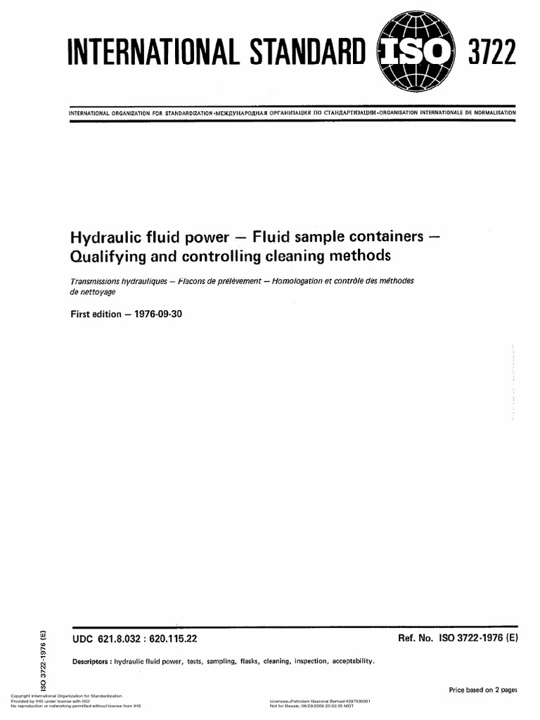 ISO 3722 - Hydraulic Fluid Power - Fluid Sample Containers - Qualifying ...