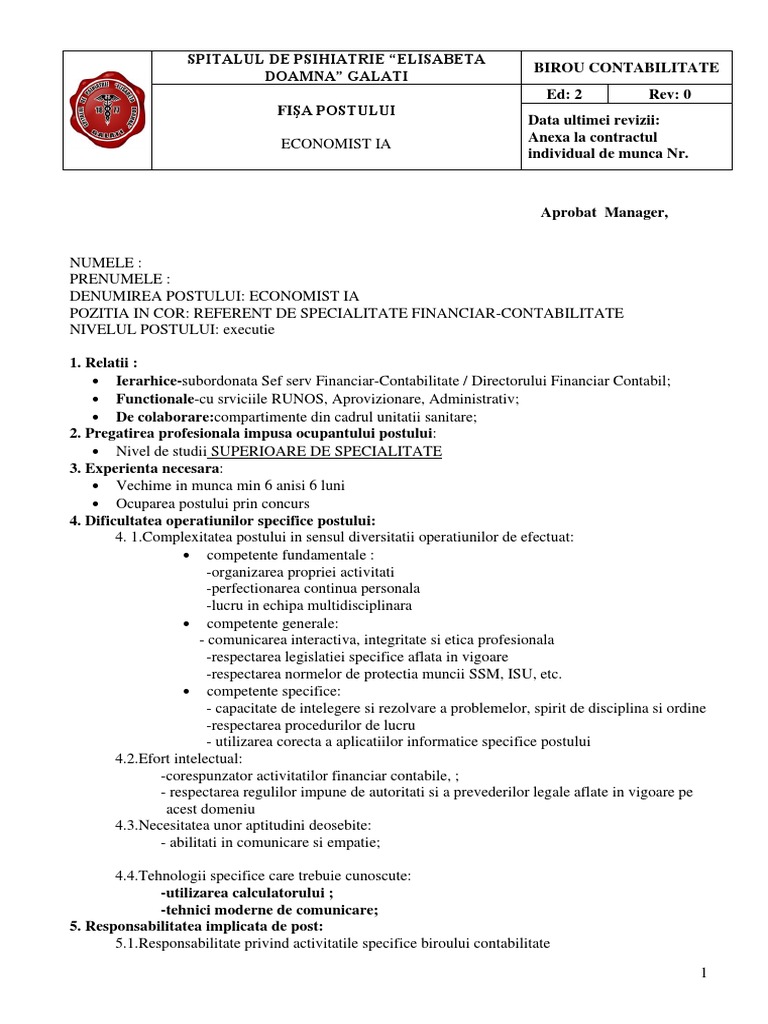 Model Fisa Post Economist 1 A Contabilitate | PDF