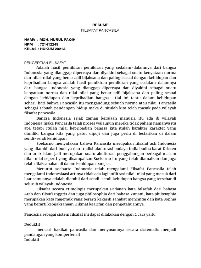 Resume Filsafat Pancasila Moh. Nurul Faqih 721412248 | PDF | Filsafat