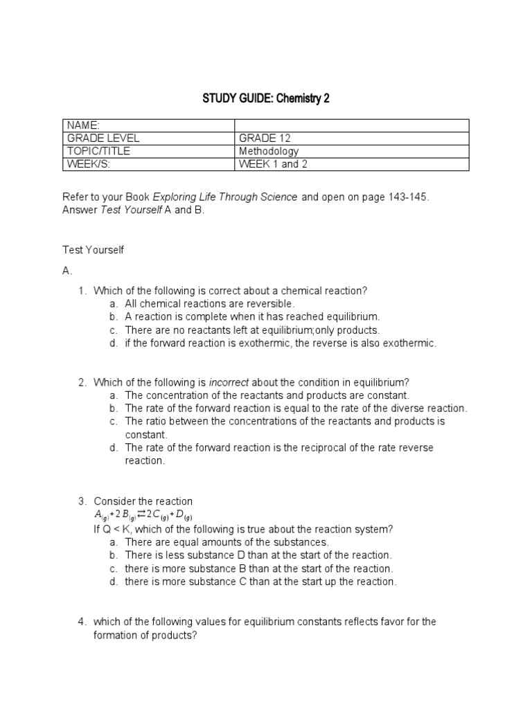 Answersheet 2nd Quarter W2 (Chemistry 2) | PDF | Chemical Equilibrium ...
