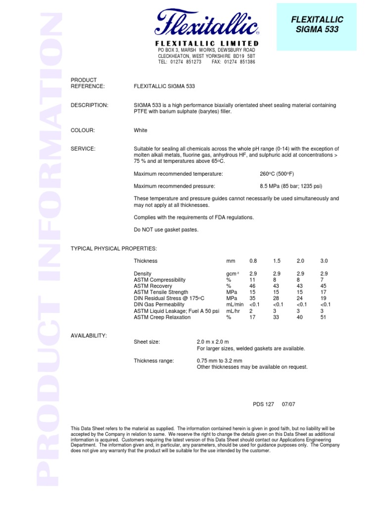 Product Data Sheet for Flexitallic Sigma 533 High Performance Sealing Sheet | PDF | Chemical ...