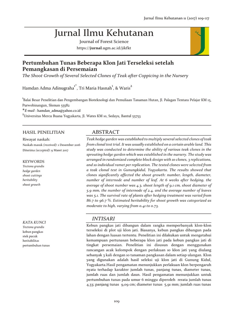 Jurnal Ilmu Kehutanan: Pertumbuhan Tunas Beberapa Klon Jati Terseleksi ...