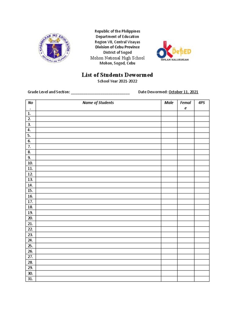DEWORMING FORM Per Grade Level | PDF