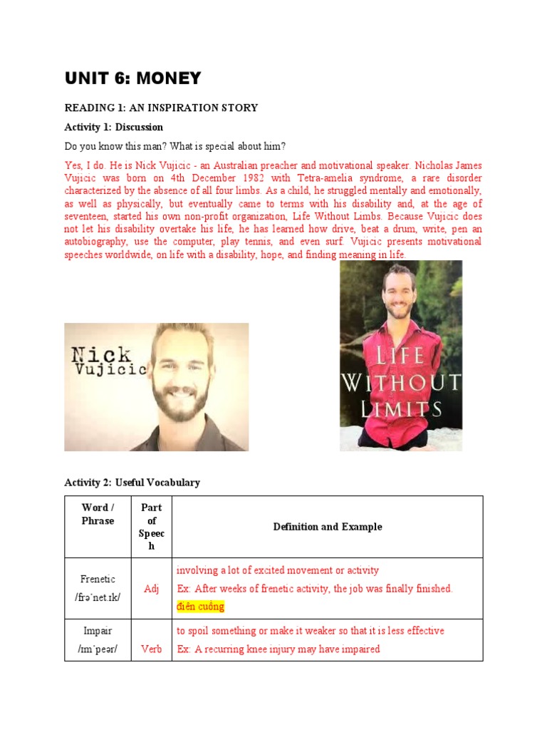 Unit 6: Money: Reading 1: An Inspiration Story Activity 1: Discussion ...