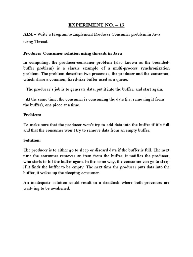 Experiment No 13 Aim Write A Program To Implement Producer Consumer Problem In Java Pdf