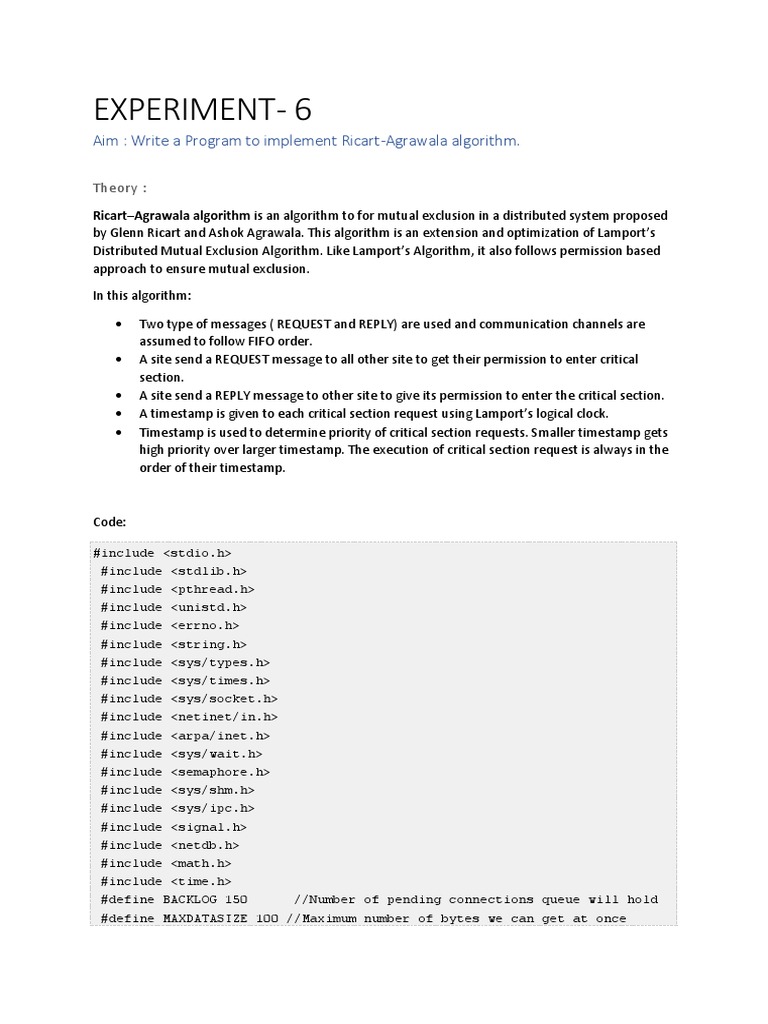 Experiment 6 Aim Write A Program To Implement Ricart Agrawala Algorithm Pdf Computer 8426