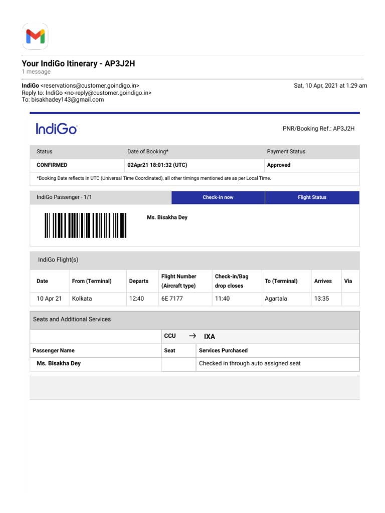 Gmail - Your IndiGo Itinerary - AP3J2H | PDF | Aviation
