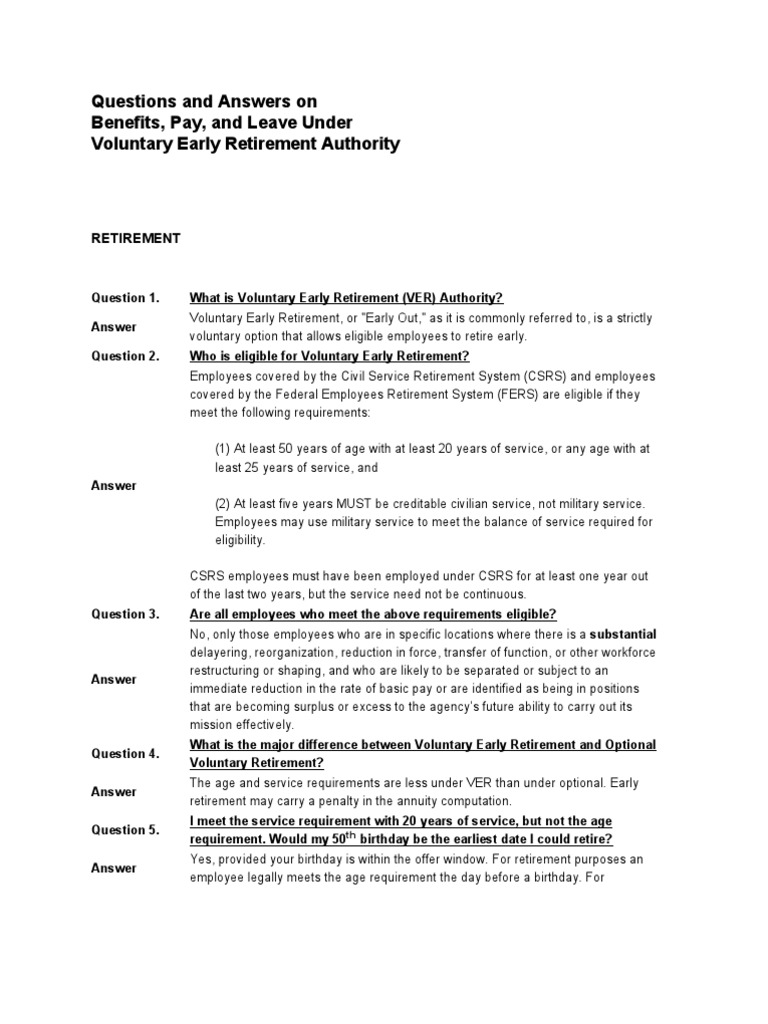 Questions and Answers On Benefits, Pay, and Leave Under Voluntary Early ...